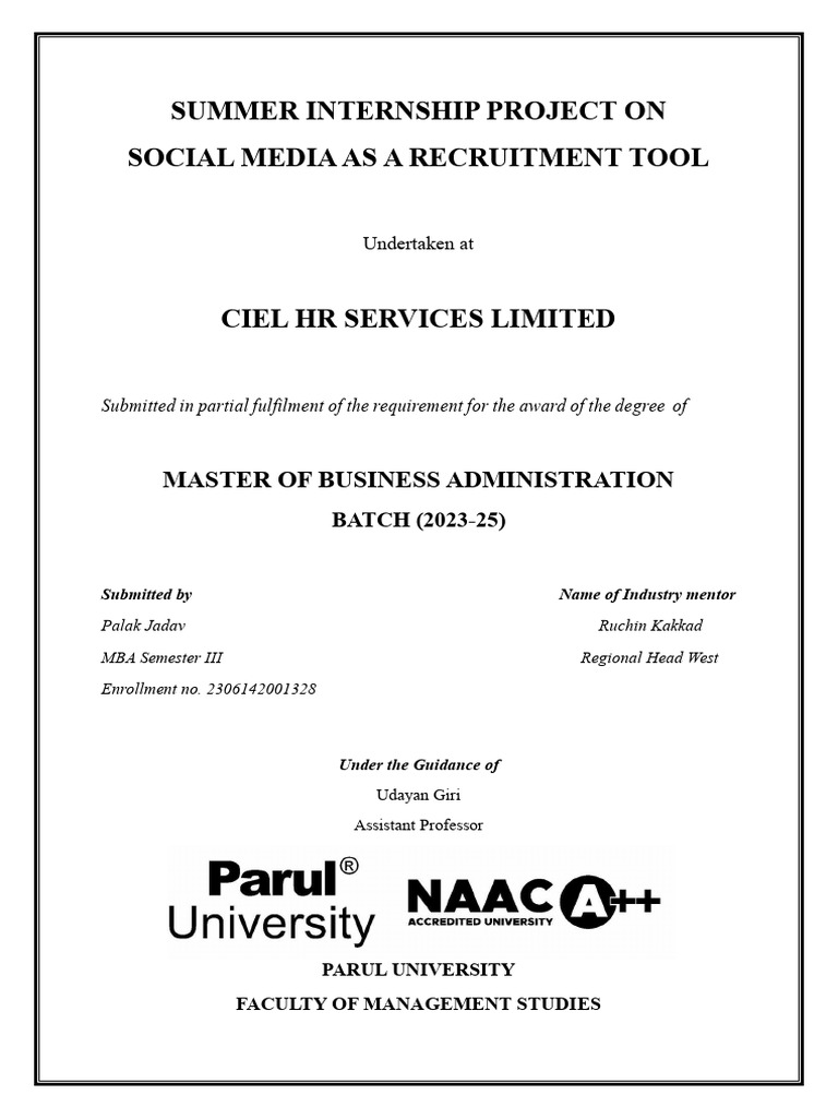 SUMMER INTERNSHIP PROJECT ON SOCIAL MEDIA AS RECRUITMENT TOOL | PDF ...