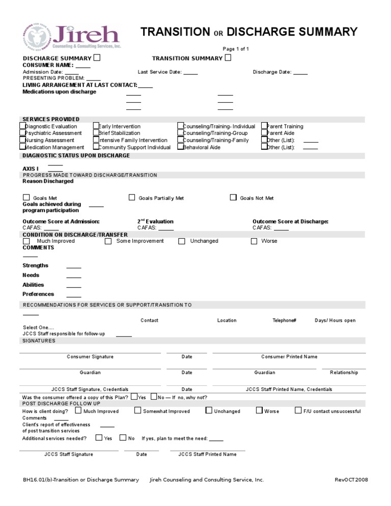 Transition Discharge Summary | PDF | Health Sciences | Psychiatry ...