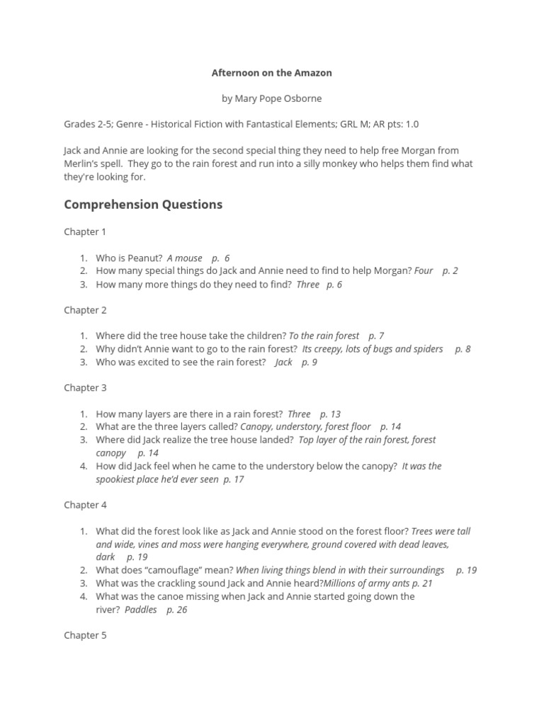 Afternoon On The Amazon - Comprehension Questions With Answer | PDF ...