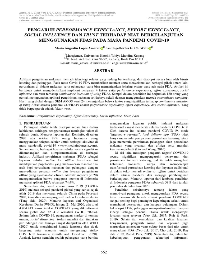 Pengaruh Performance Expectancy, Effort Expectancy, Menggunakan Fdas Pada Masa Pandemi Covid-19 ...