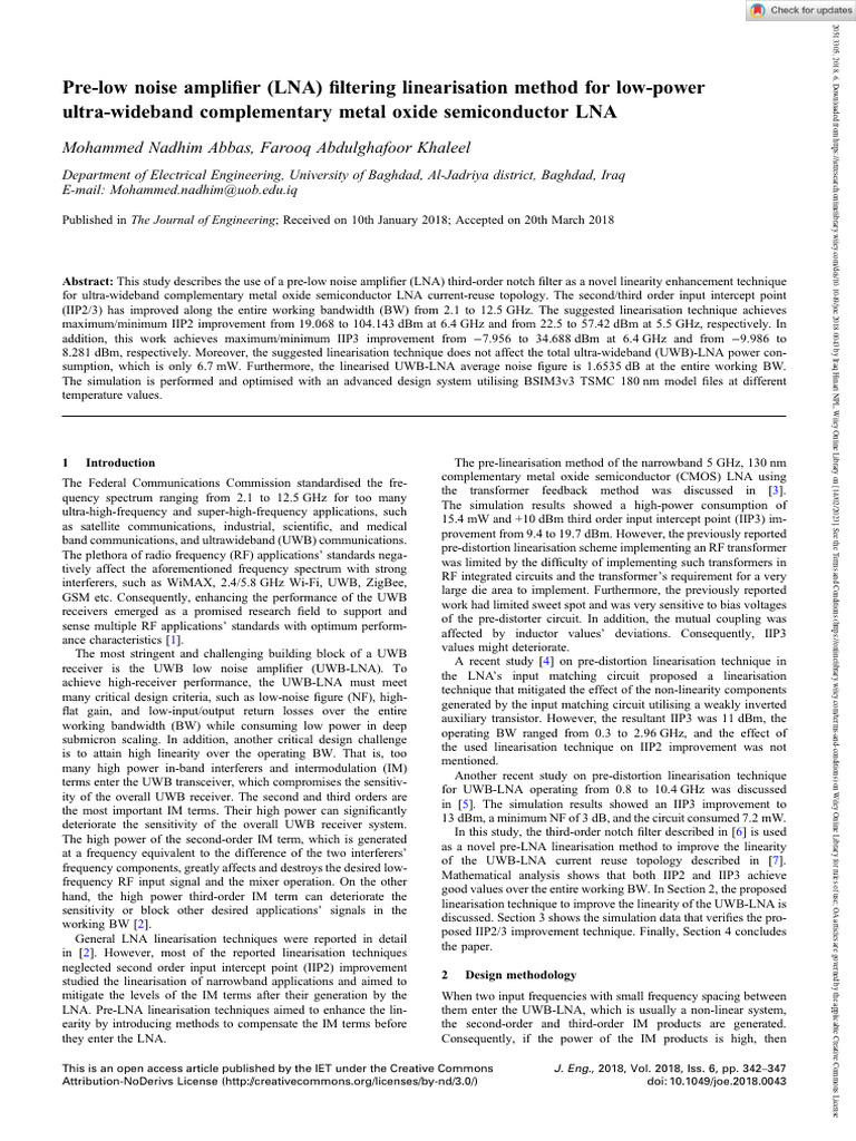 Pre-Low Noise Amplifier (LNA) Filtering Linearisation Method For Low ...