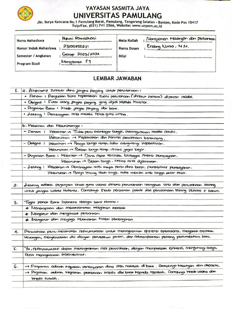 Contoh Uas Dan Jawaban Unpam | PDF