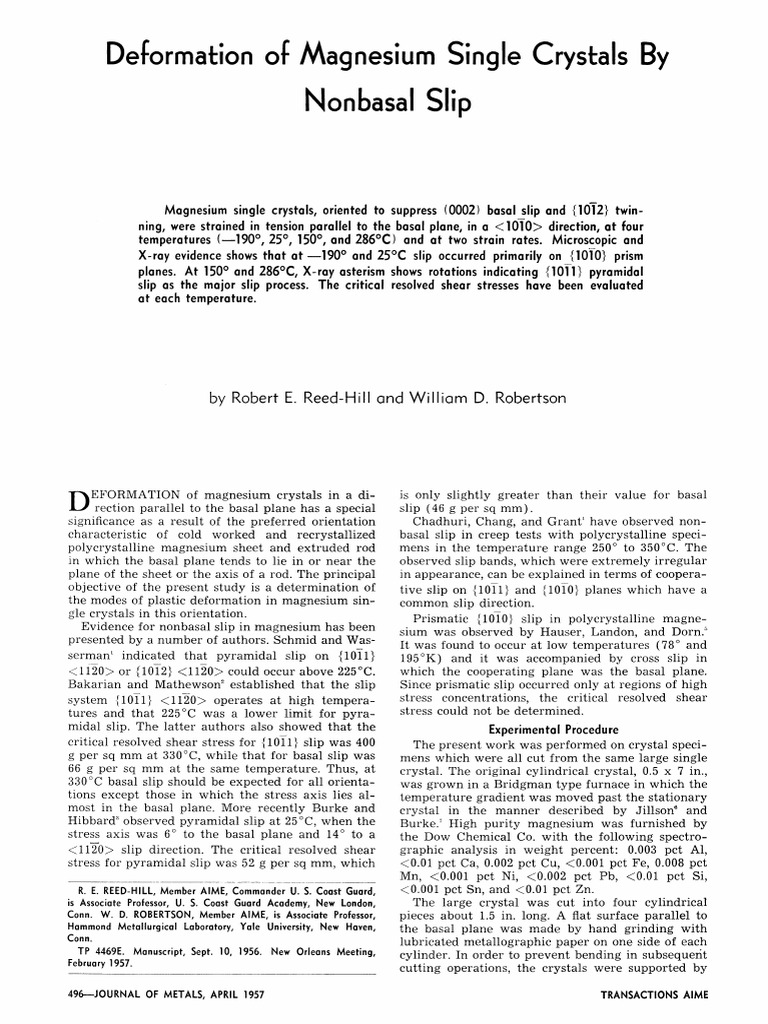 Nonbasal Slip in Magnesium Crystals | PDF | Plasticity (Physics ...