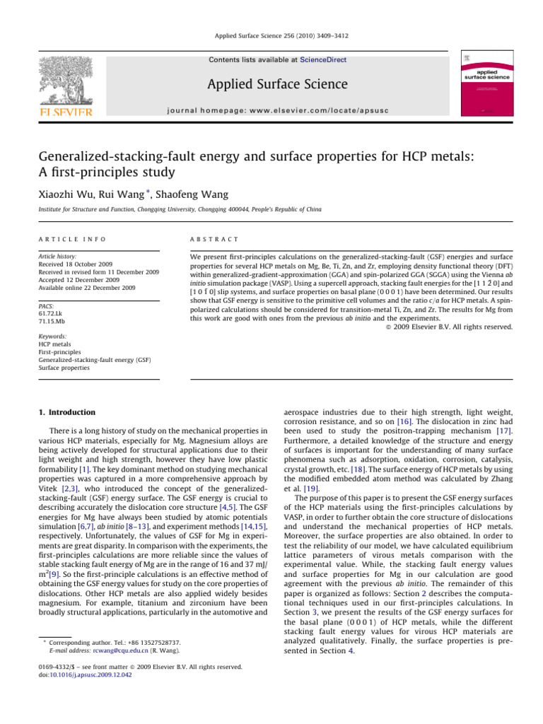 Generalized-Stacking-Fault Energy and Surface Properties For HCP Metals ...