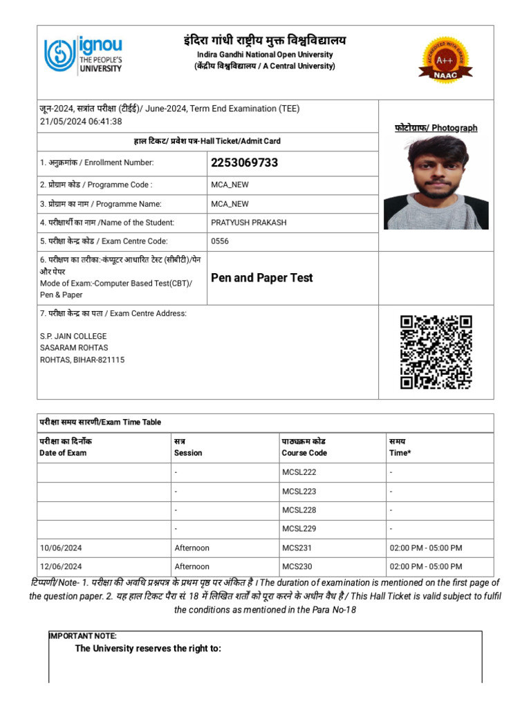 IGNOU June-2024 - HALL TICKET - ADMIT CARD | PDF