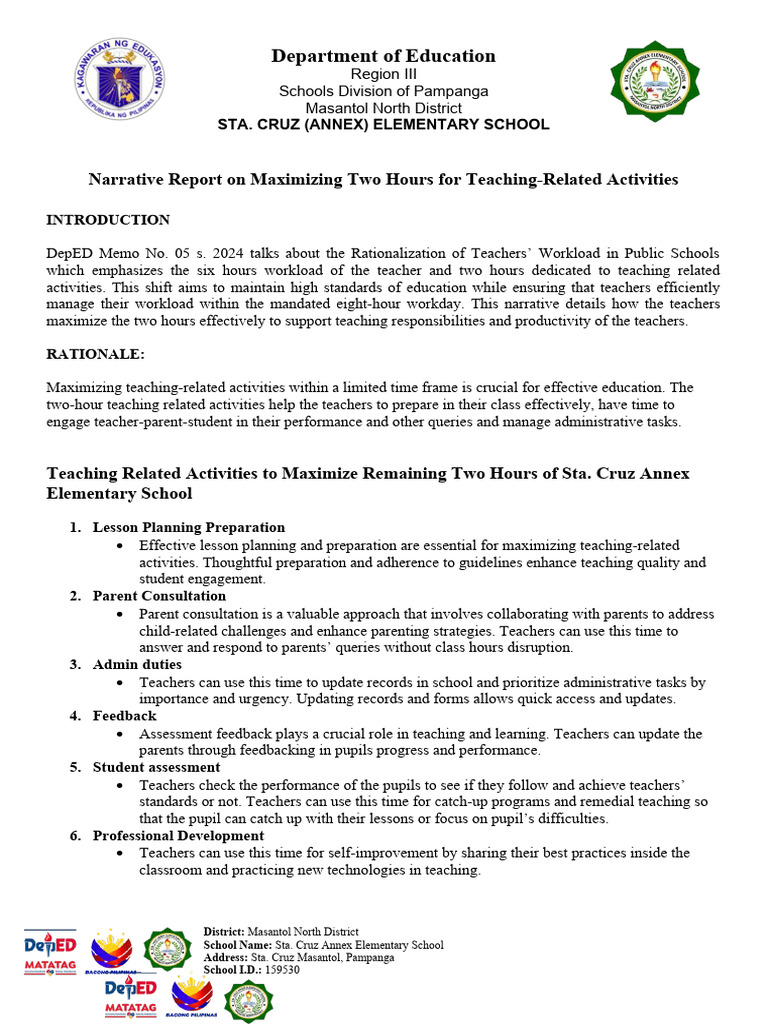 Narrative Report On Maximizing Two Hours For Teaching-Related ...
