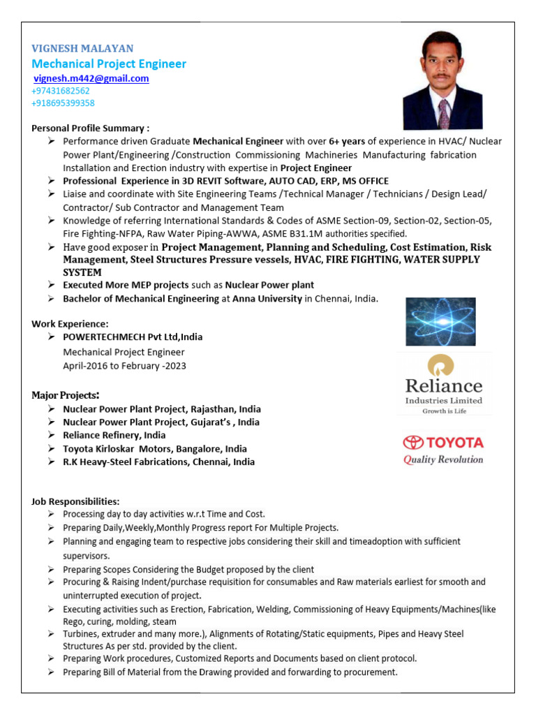 Vignesh CV of Project Engineer | PDF | Engineering | Pipe (Fluid Conveyance)
