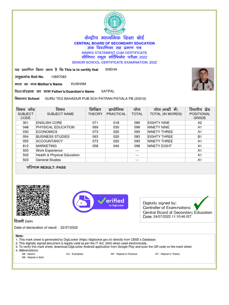 Class 12th marksheet | PDF