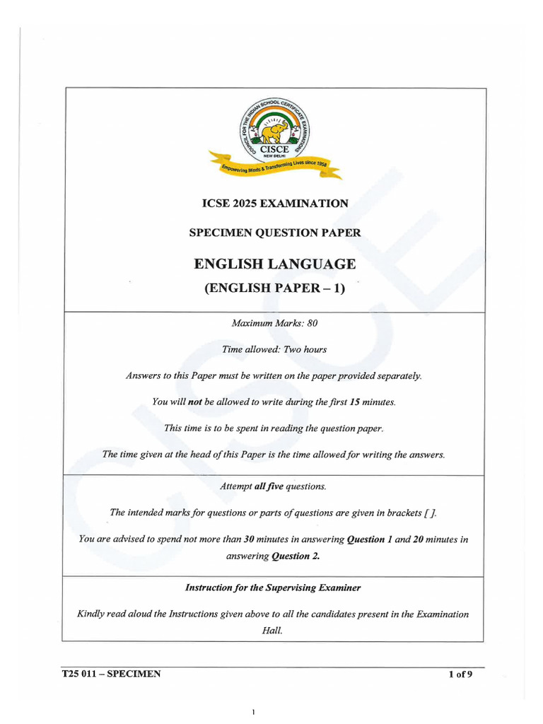 Specimen Question Paper For The ICSE Year 2025 Examination - English ...