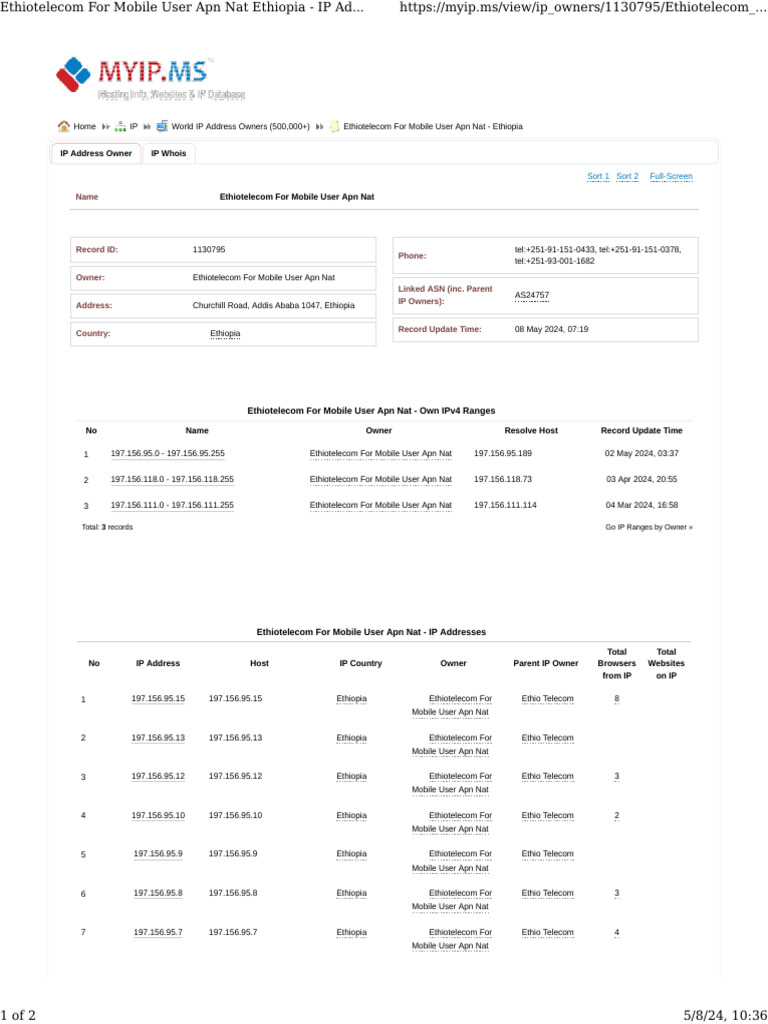 Ethiotelecom for Mobile User Apn Nat Ethiopia - IP Addresses Owners World Database | Download ...