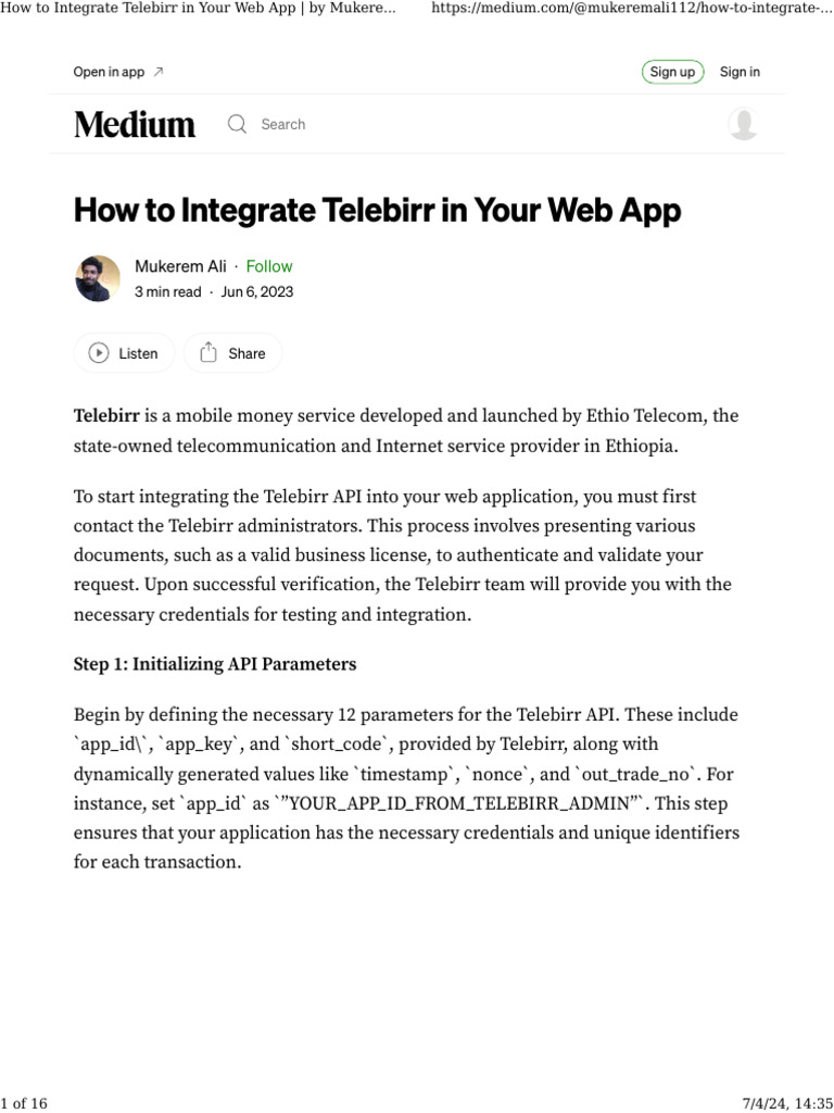 How To Integrate Telebirr in Your Web App by Mukerem Ali Medium | PDF | Encryption | Json