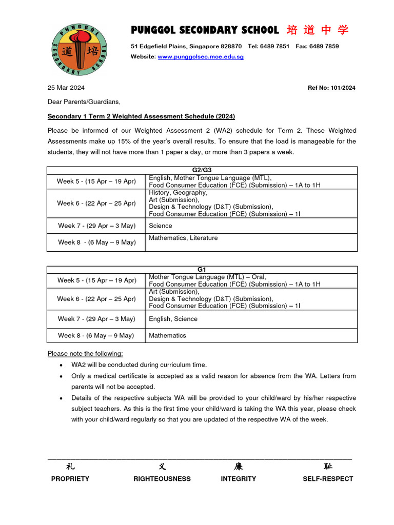 2024 Sec 1 WA2 Schedule | PDF