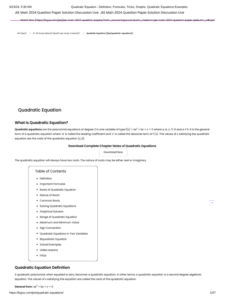 Quadratic Equation - Definition, Formulas, Tricks, Graphs, Quadratic Equations Examples | PDF ...