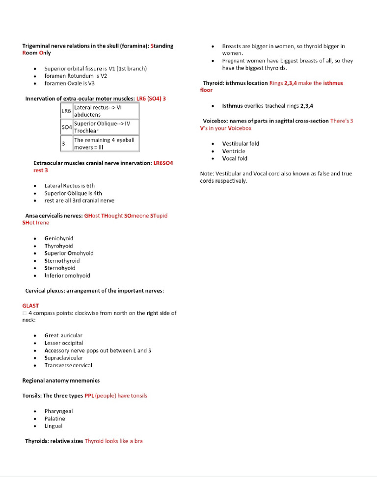 Anatomy Mnemonics | PDF