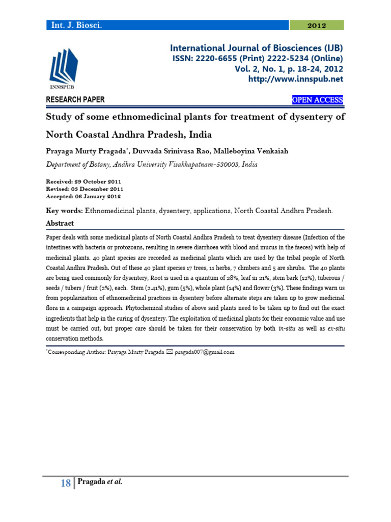 Study of Some Ethnomedicinal Plants For Treatment of Dysentery of North Coastal Andhra Pradesh ...
