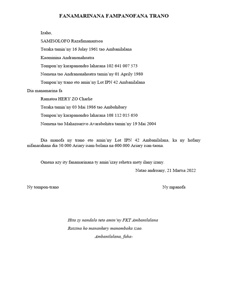 Fanamarinana Fampanofana Trano | PDF