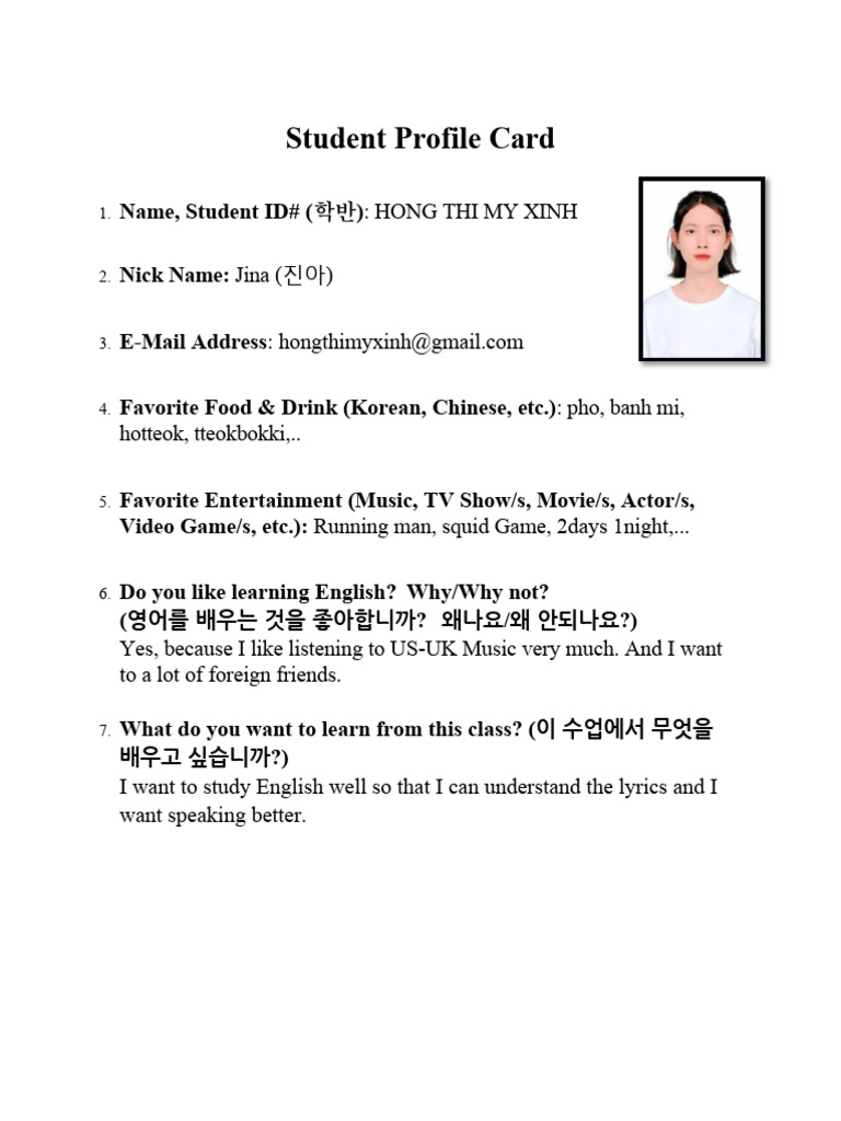 Student Profile Card4 2 | PDF | Sports & Recreation | Language Arts ...