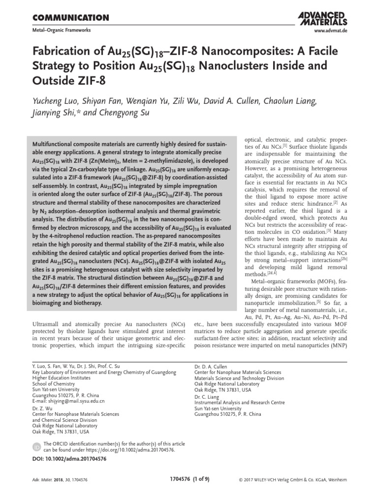 Fabrication of Au25 (SG) 18-ZIF-8 Nanocomposites A Facile Strategy To ...