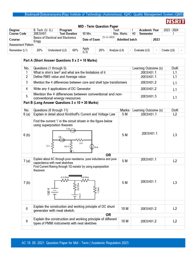 Beee I-I Ar23 Mid-1 QP Set-1 Ay 2023-2024 | PDF | Electrical Network | Electrical Engineering