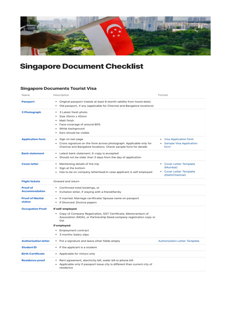 Singapore Document Checklist | PDF | Passport | Travel Visa