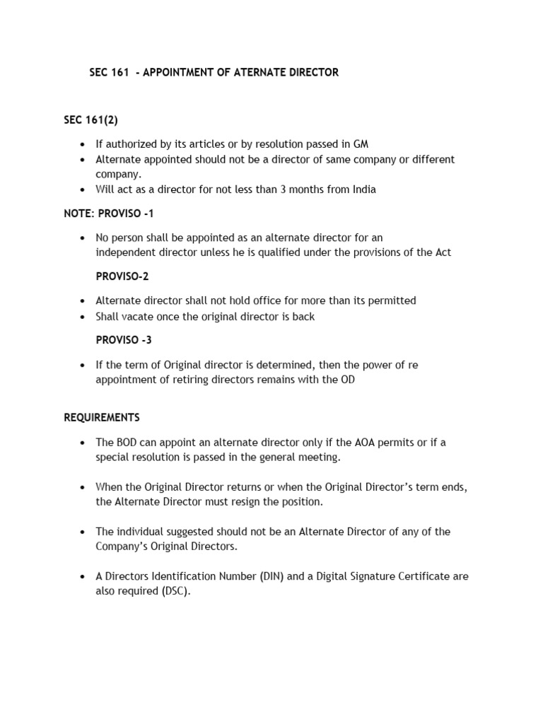 SEC 161: Alternate Director Appointment Guide | PDF