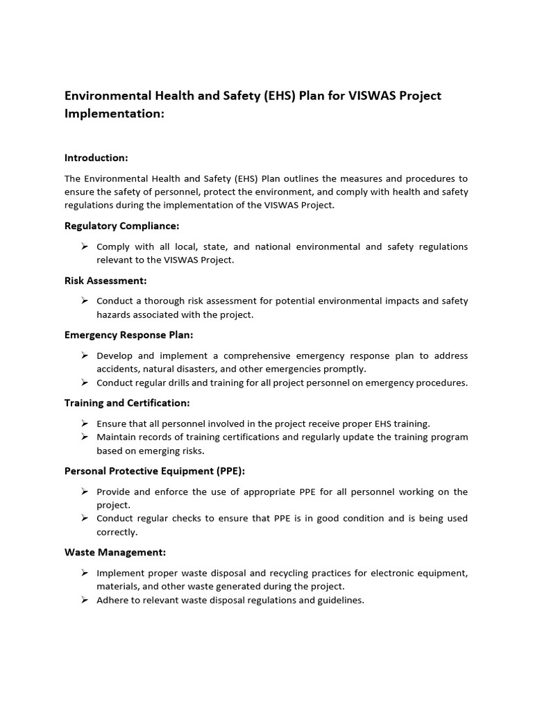 Environmental Health and Safety Plan For VISWAS Project Implementation ...