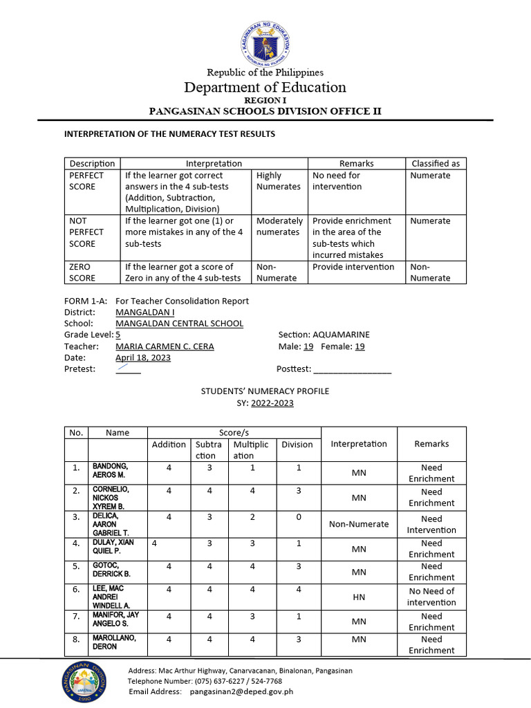5 Aquamarine - Numeracy-Test-Consolidation-Reports | PDF