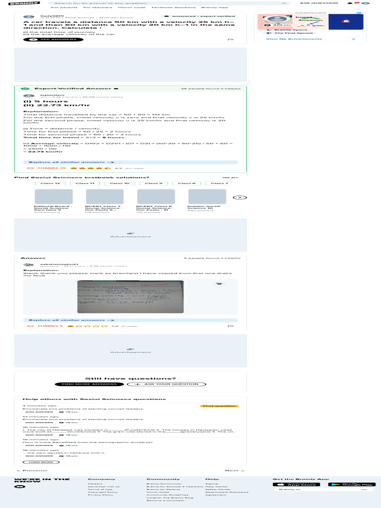 A Car Travels A Distance 50 KM With A Velocity 25 KM h-1 and Then 60 KM ...