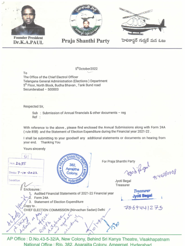 PRAJA SHANTHI PARTY - 2021-22 (Form 24A & Audit Report) | PDF | Taxes ...