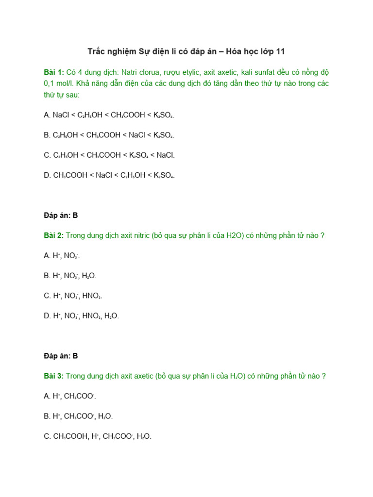 90 Cau Trac Nghiem Hoa Hoc 11 Chuong 1 Co Dap An 2023 Su Dien Li | PDF