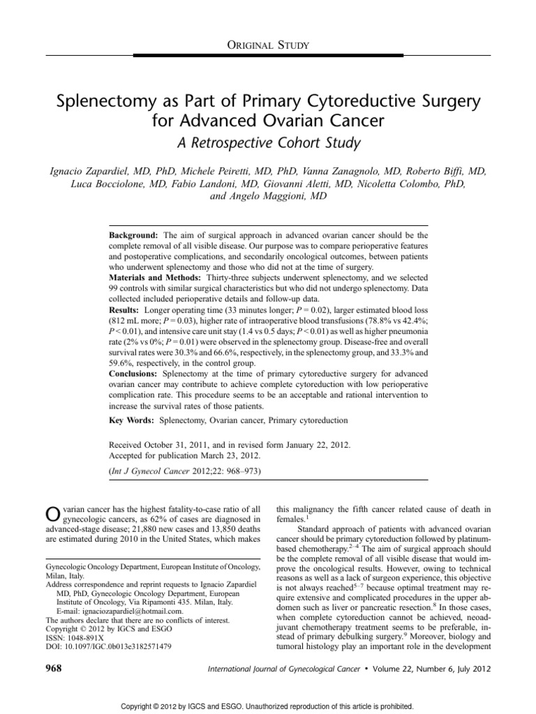 Splenectomy as Part of Primary Cytoreductive Surgery | PDF | Ovarian ...