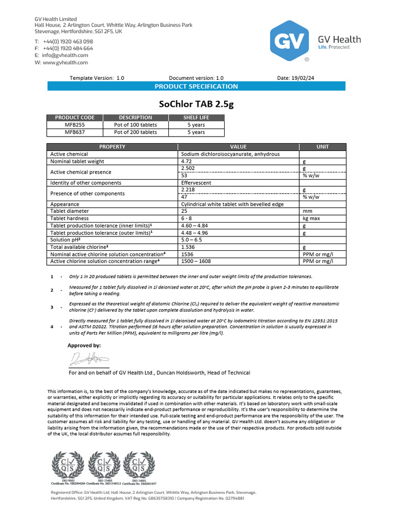 SoChlor TAB 2.5g MFB255MFB637 Product Specification V1.0 | PDF | Chlorine