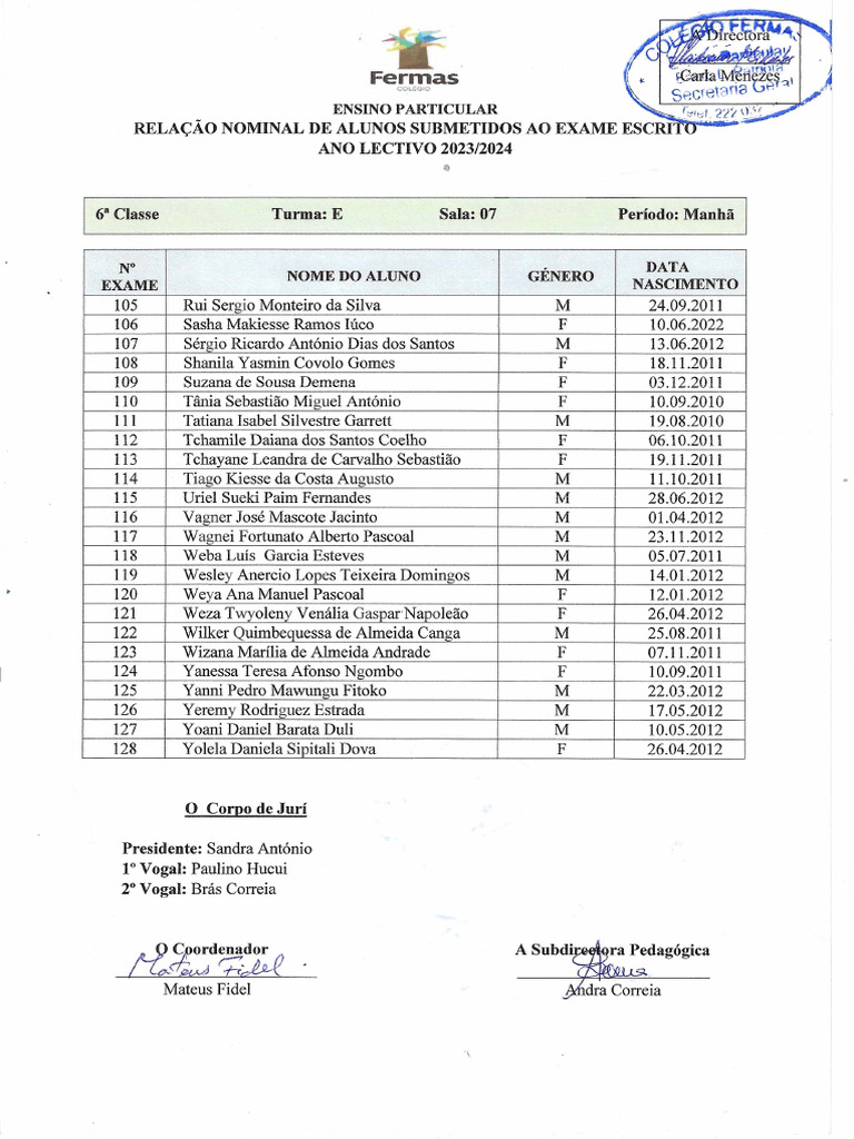 Relação Nominal de Alunos Submetidos Ao Exame TURMA E - 6 CLASSE | PDF