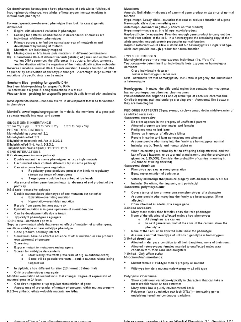 Cheat Sheet Quiz 1 | PDF | Dominance (Genetics) | Zygosity