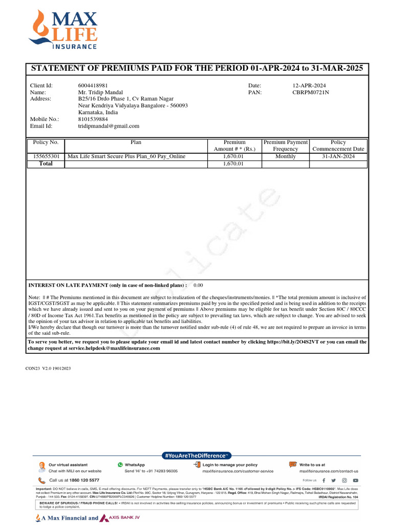 Premium Statement for Mr. Tridip Mandal | PDF | Career & Growth