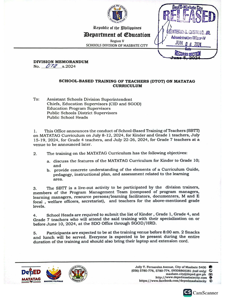 Dm. No. 072, S. 2024 - School-Based Training of Teachers (Dtot) On ...