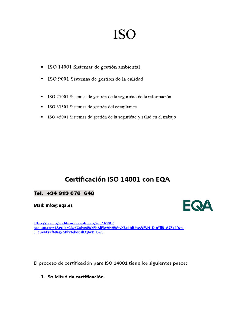 Certificación ISO 14001 Con EQA: ISO 14001 Sistemas de Gestión ...
