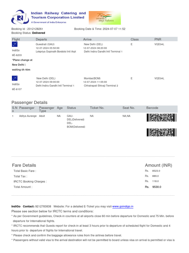 IndiGo Flight Booking Confirmation | PDF