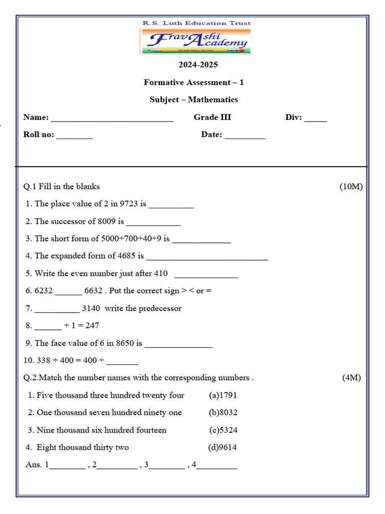 F A - 1 GRADE 3 Maths Paper | PDF | Educational Assessment And ...