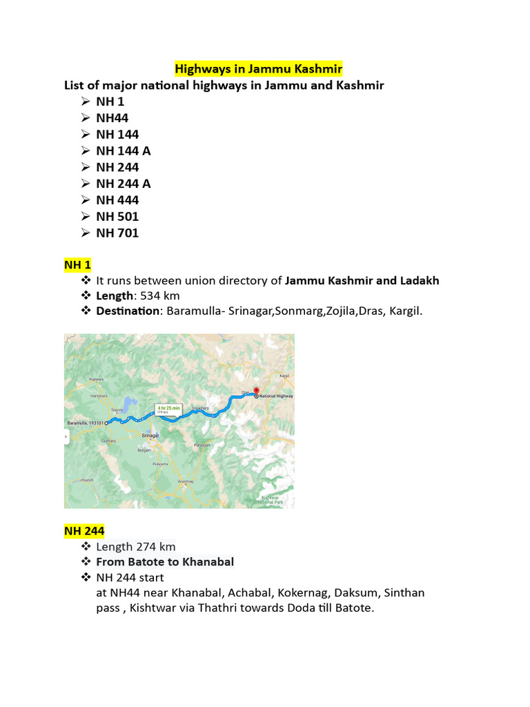 Major National Highways in J&K | PDF