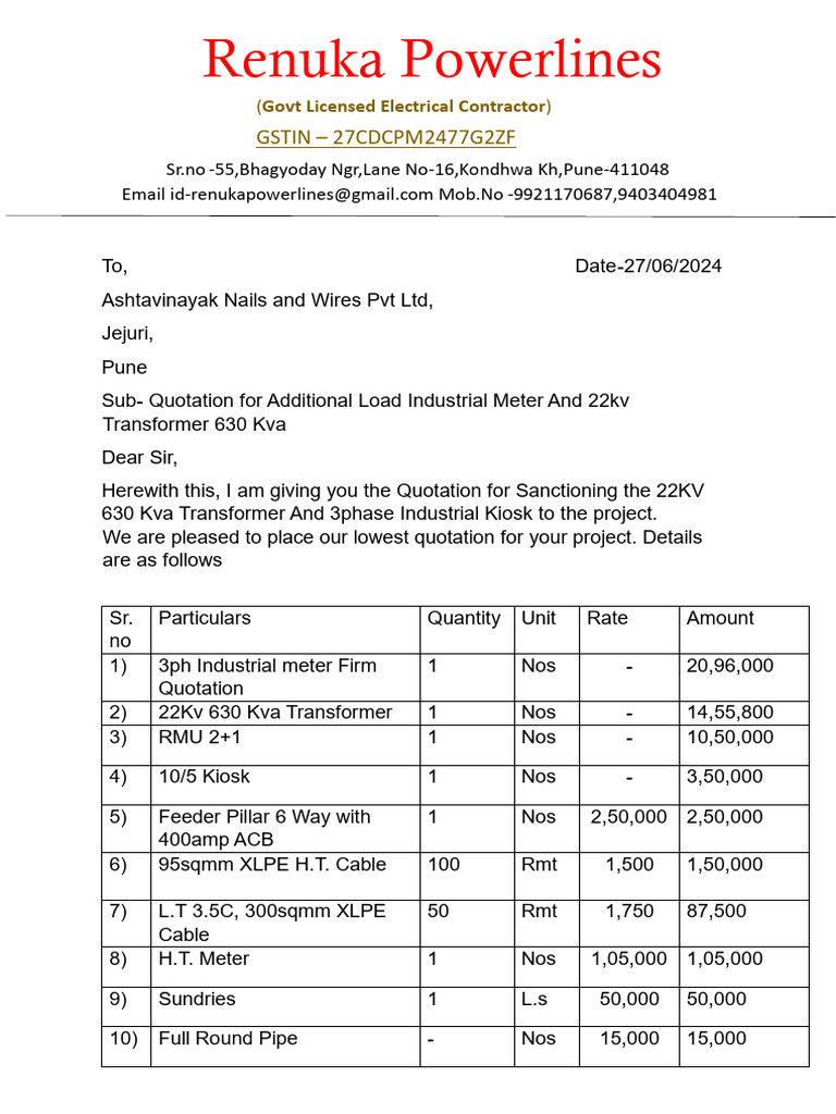 Renuka Powerlines 630 Kva Jejuri-2 | PDF | Electromagnetism | Power (Physics)