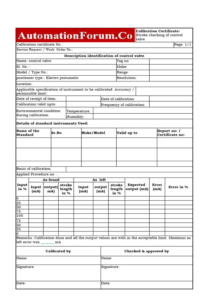 Control Valve Stroke Checking Template 1 | PDF