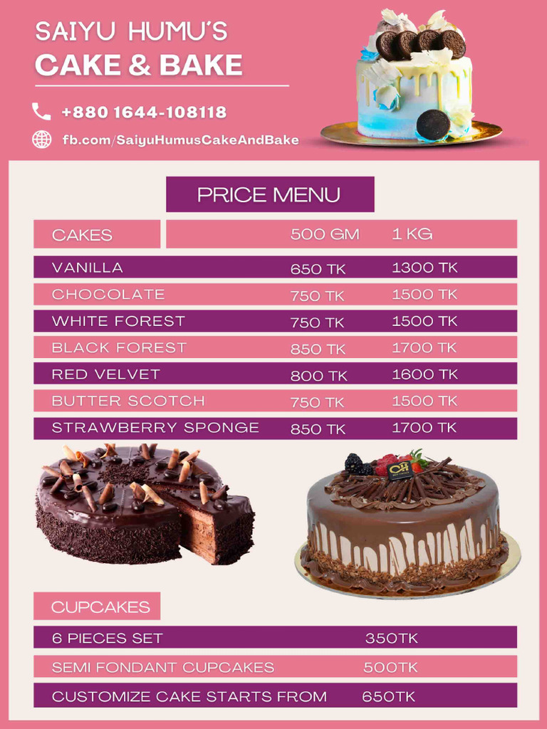 Cake Shop Menu PDF Editable File | PDF