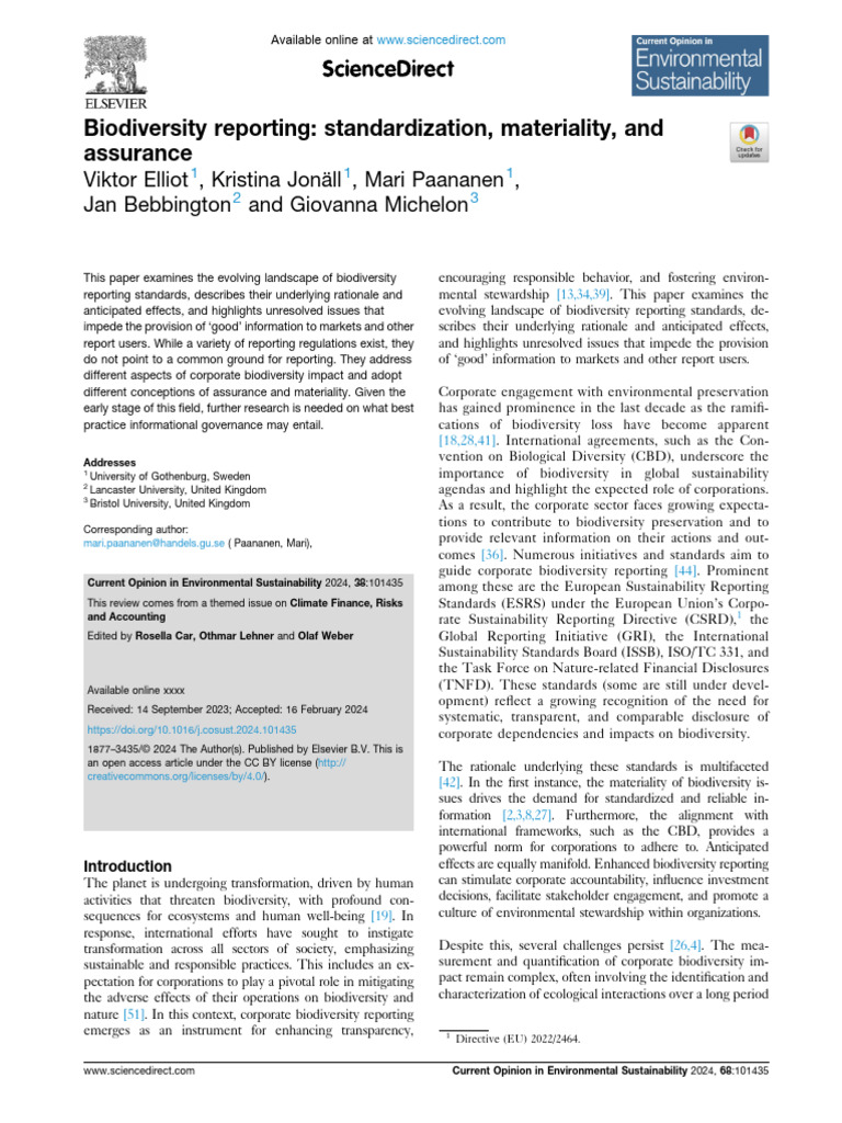 Biodiversity Reporting Standardization Materiality And Assurance Pdf Sustainability Risk