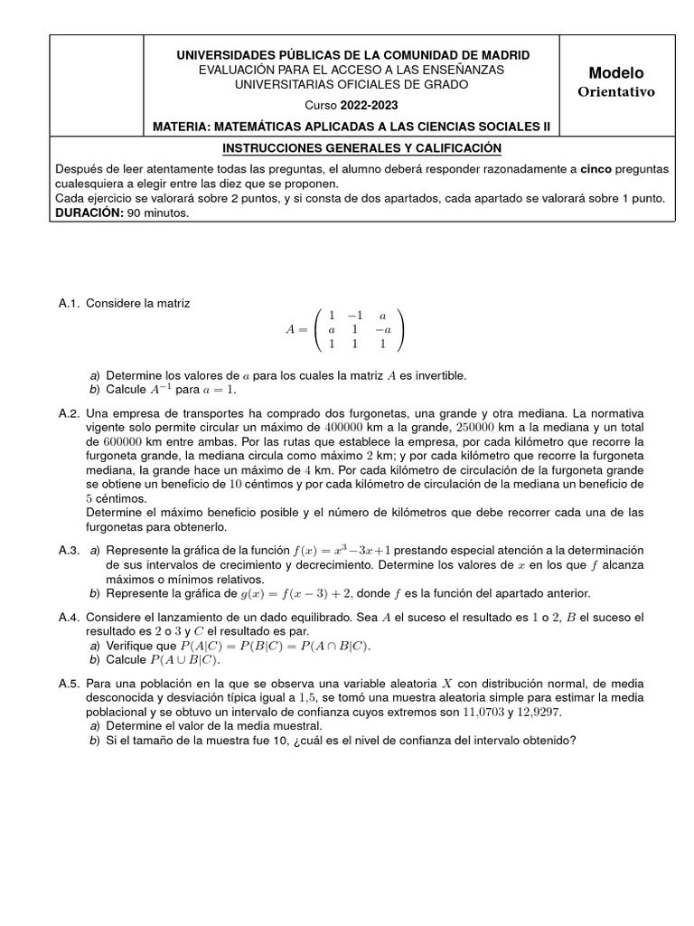 Examen+EVAU+Madrid+Matemáticas+CCSS+2022-2023+Modelo | PDF | Intervalo de confianza | Probabilidad
