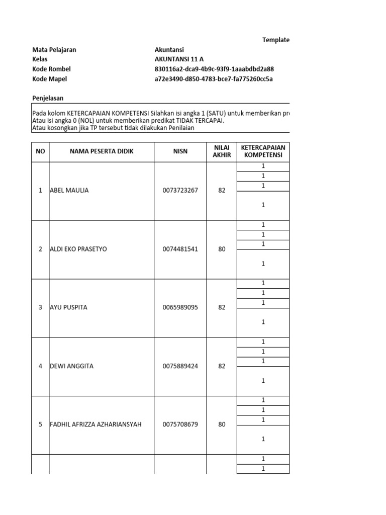 Template Nilai Akhir Mata Pelajaran Akuntansi Kelas AKUNTANSI 11 A | PDF