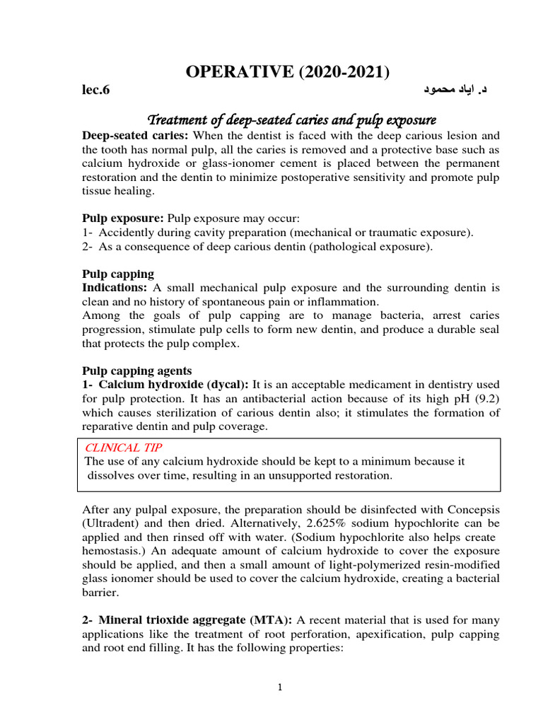 Lec 6 Treatment of Deep-Seated Caries and Pulp Exposure | PDF | Tooth ...
