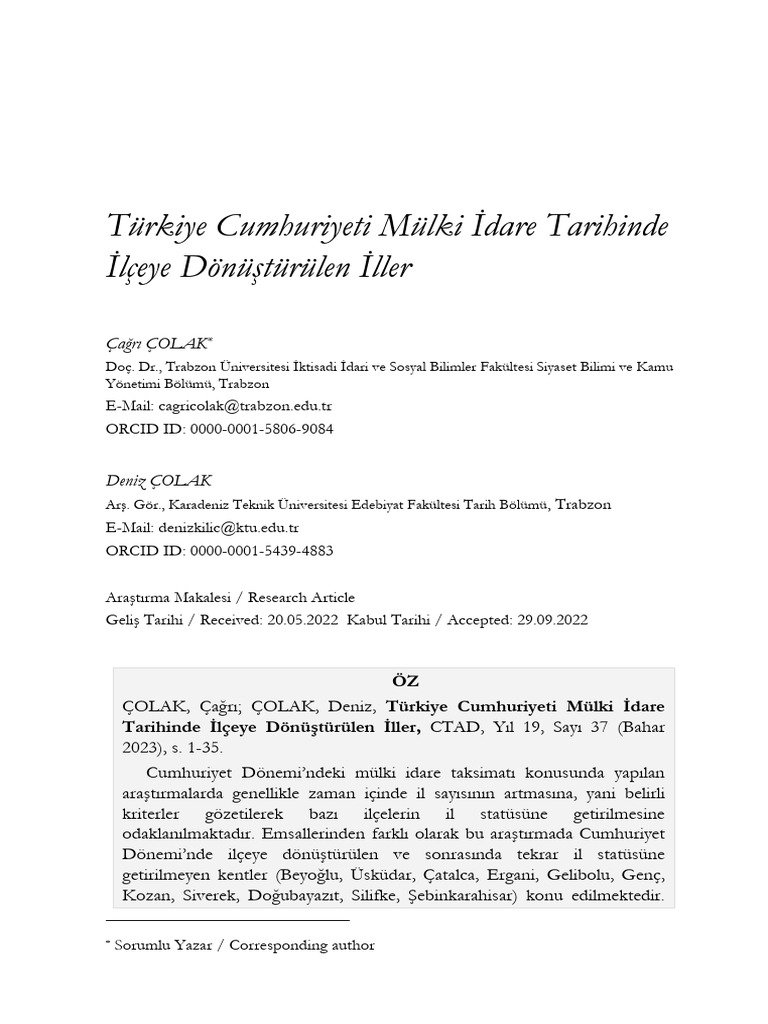 Türkiye Cumhuriyeti Mülki İdare Tarihinde İlçeye Dönüştürülen İller ... Türkiye Cumhuriyeti Mülki İdare Tarihinde İlçeye Dönüştürülen İller ...