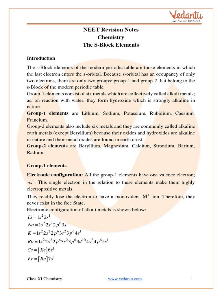 S Block Elements NEET Notes 2024 - Free PDF Download | PDF | Sodium ...