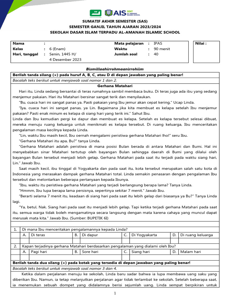 Format Naskah Soal Sas | PDF